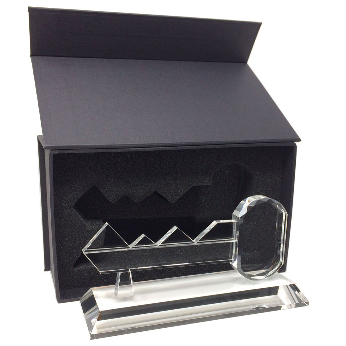 Key shaped custom glass award for personalisation with text and logos